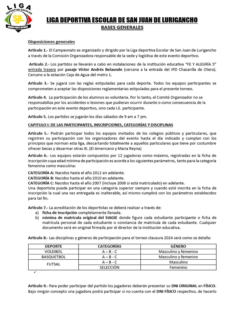 Bases Liga Escolar 2024 | PDF