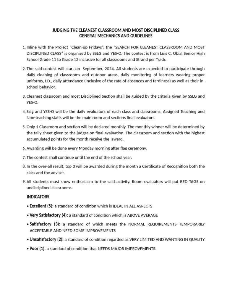 Judging The Cleanest Classroom and Most Disciplined Section | PDF ...