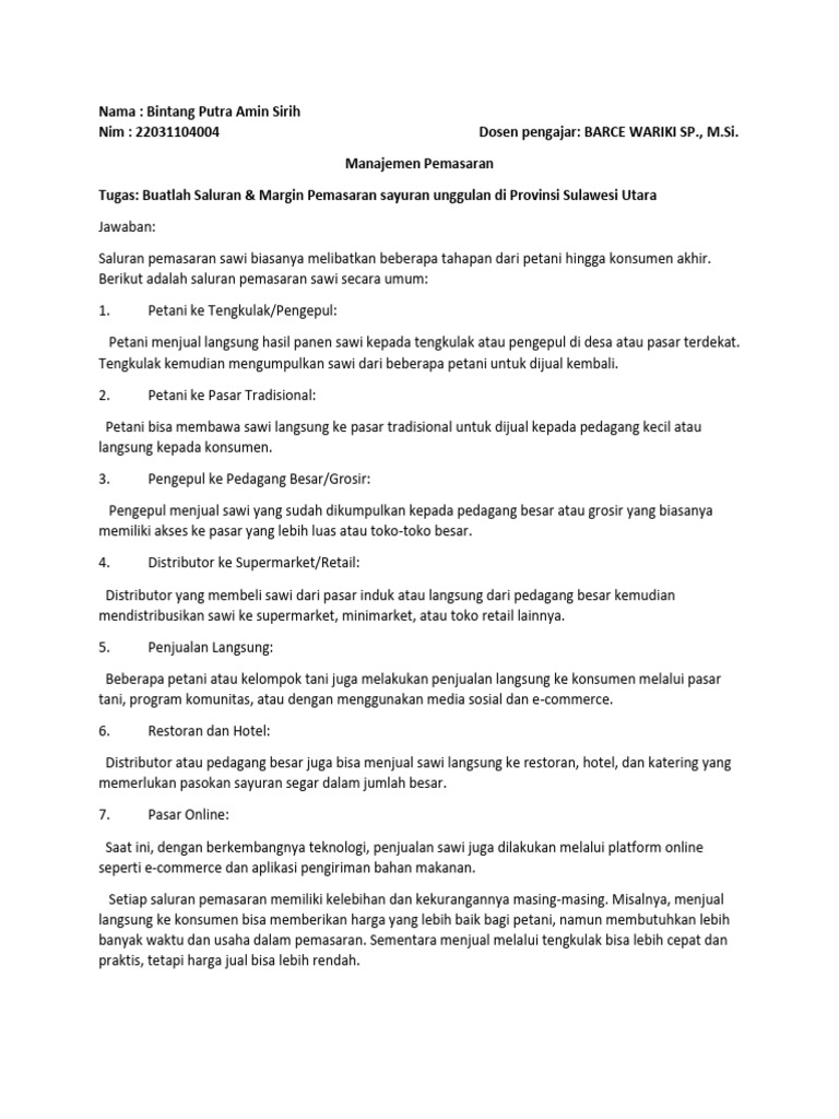 Manajemen Pemasaran Saluran & Margin Pemasaran | PDF