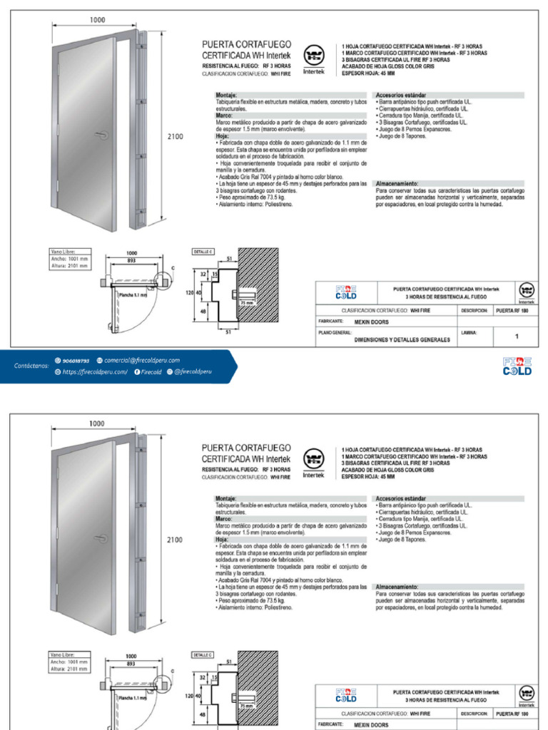 Ficha Tecnica - Puerta Cortafuego WH Intertek RF3 Horas PDF | PDF
