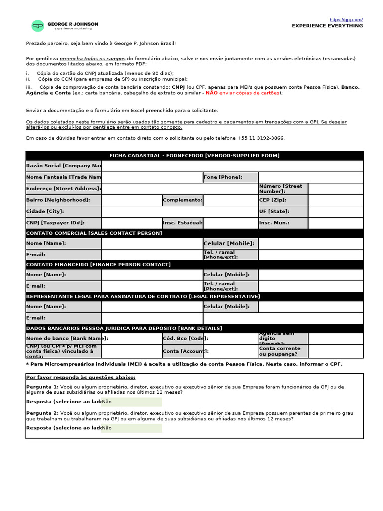 GPJ BR - Cadastro de Fornecedor (New Vendor Form) | PDF