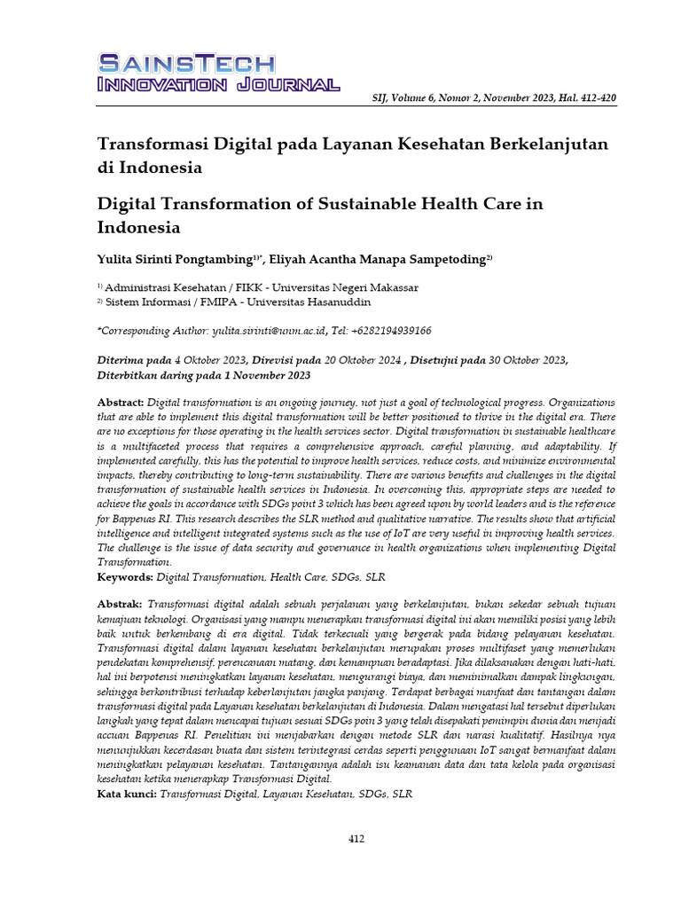 412-420 Transformasi Digital Pada Layanan Kesehatan Berkelanjutan Di Indonesia | PDF
