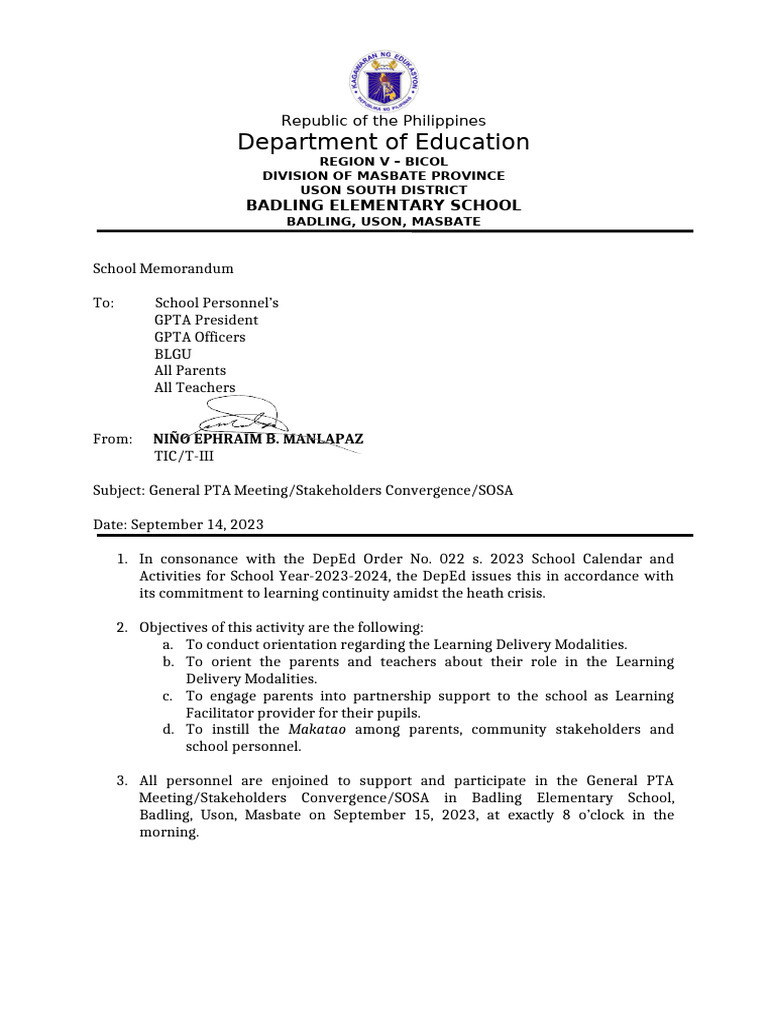 School Memo GPTA Meeting 1st Quarter Convergence | PDF
