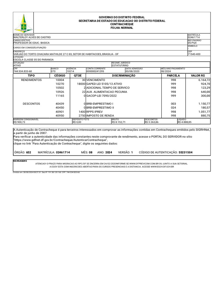 Governo Do Distrito Federal - Contracheque | PDF