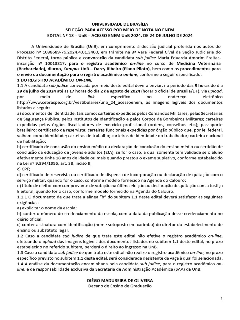 Ed 18 2024 Acesso Enem Conv Ra Sub Judice Maria Eduarda | PDF