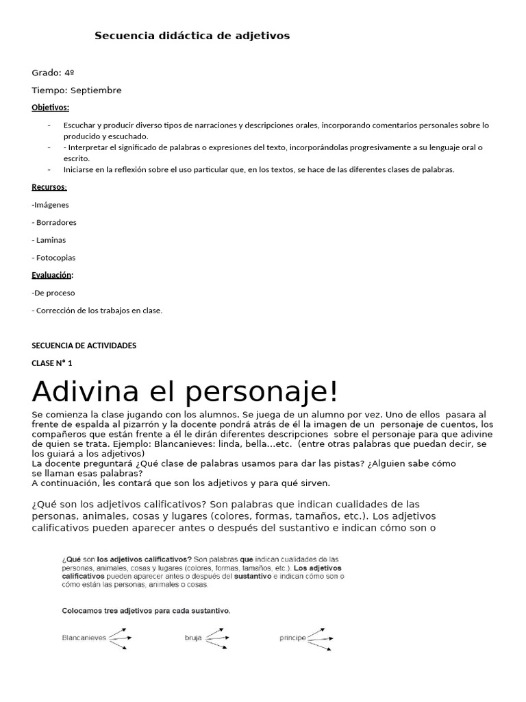 Secuencia Didactica Los Adjetivos | PDF