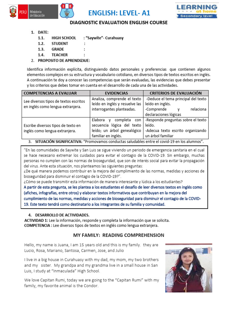 A1 English Diagnostic Evaluation Guide | PDF | Foreign Language Studies