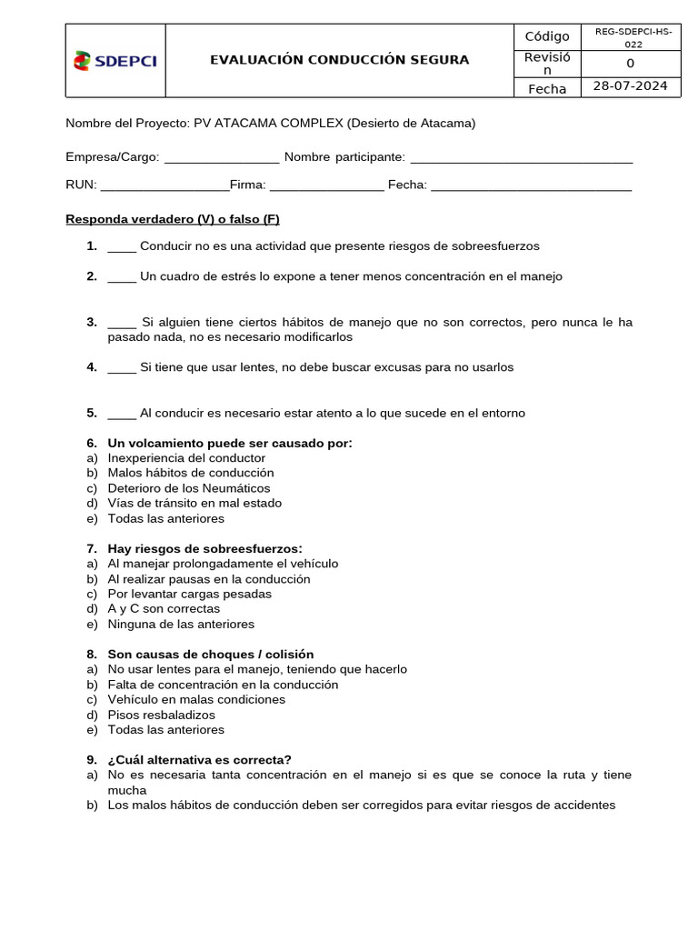 REG-SDEPCI-HS-022 Ev. Conducción Segura Rev.0 | PDF
