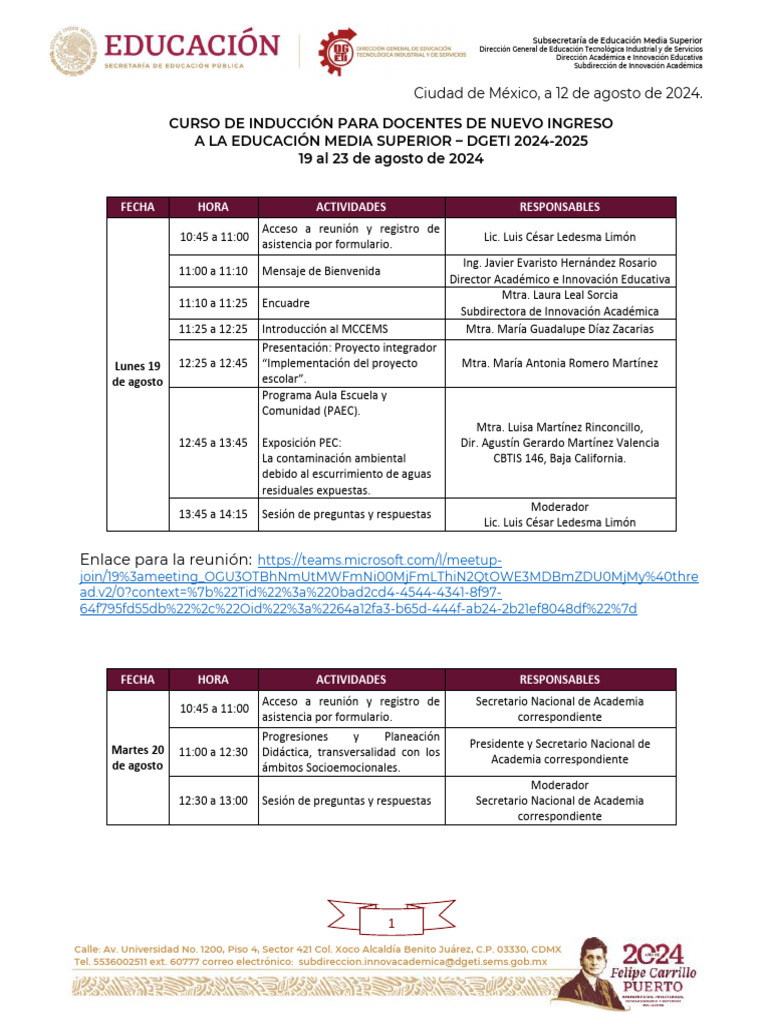 Programa Curso de Inducción para Docentes Nuevo Ingreso DGETI | PDF