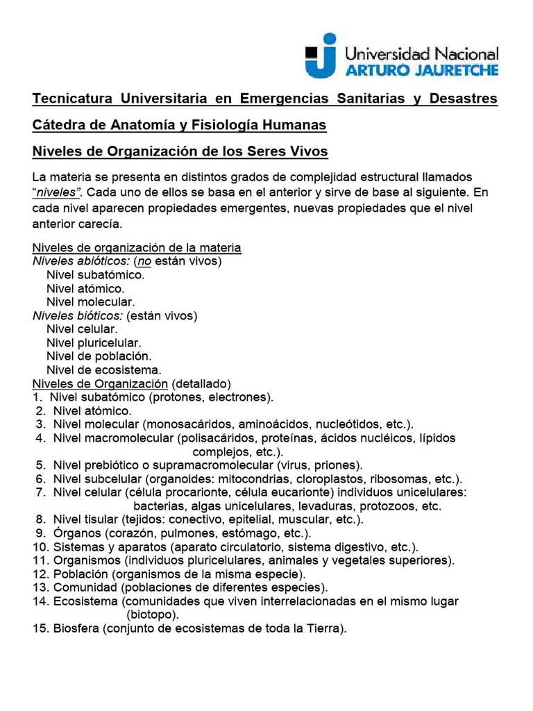 AFH - Guía de Estudio - Niveles de Organización de Los Seres Vivos - DR ...