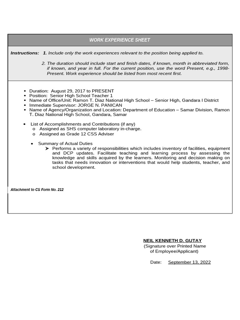Work Experience Sheet | PDF