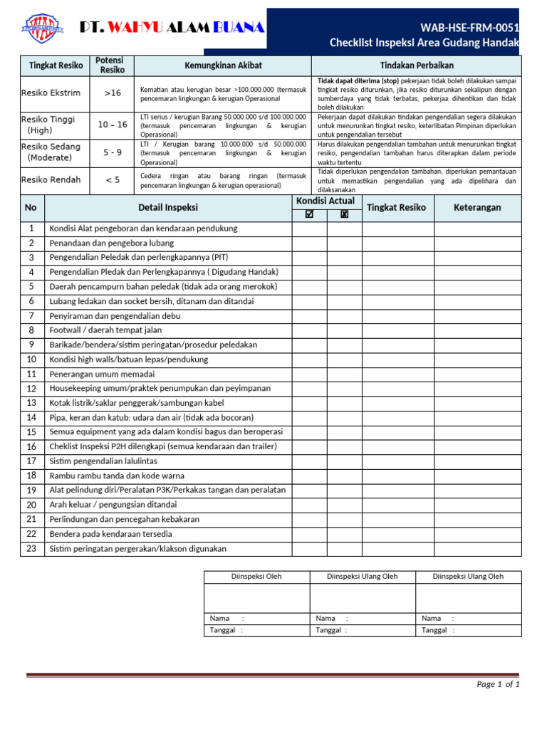 WAB-HSE-FRM-0051 Cheklist Inspeksi Area Gudang Handak | PDF