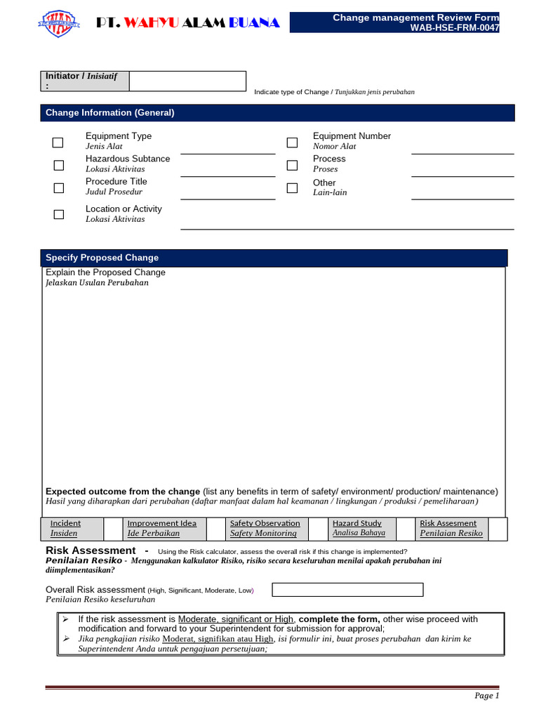 WAB-HSE-FRM-0047 Change Management Review Form | PDF