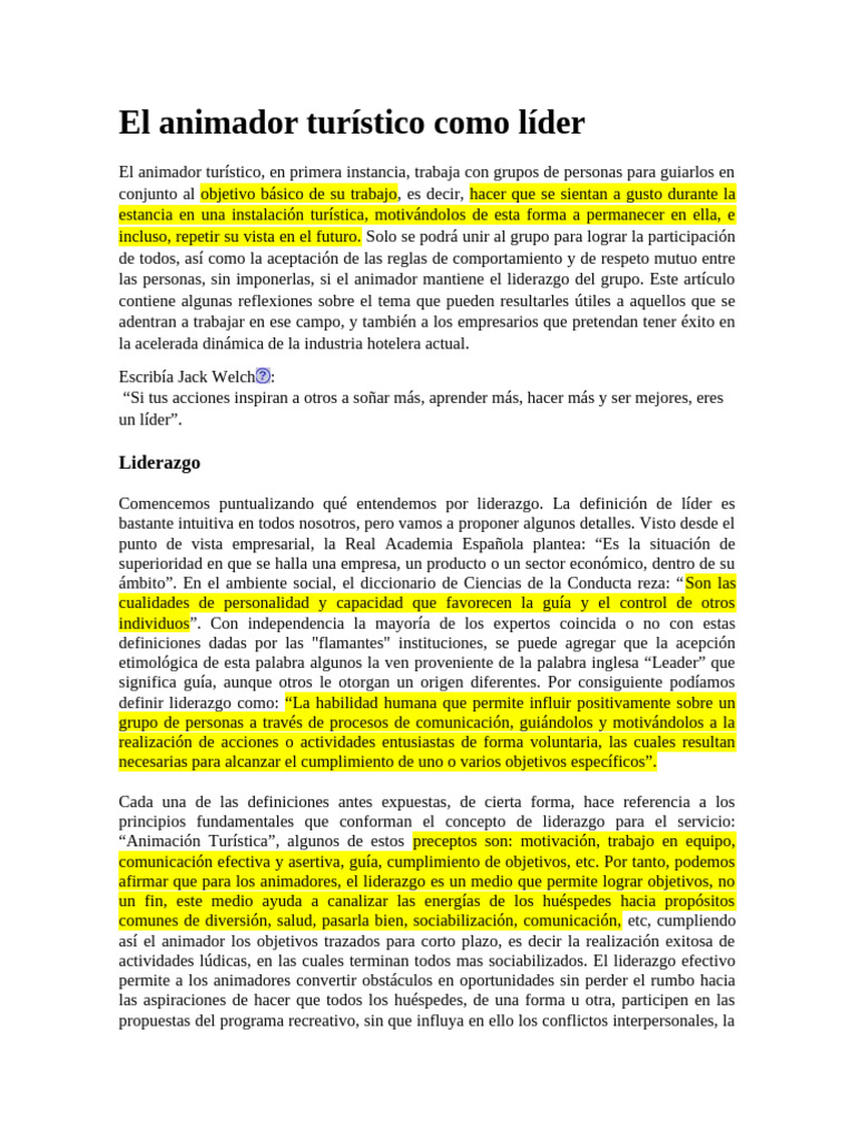 Lectura El Animador Turístico Como Líder | PDF