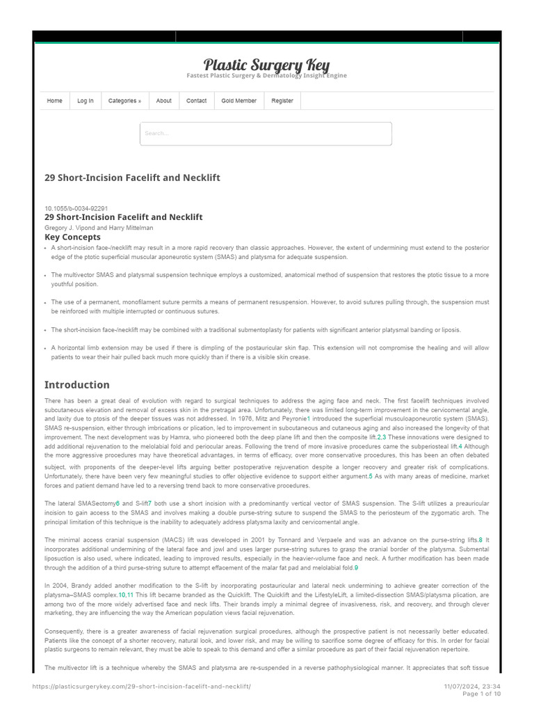 29 Short-Incision Facelift and Necklift - Plastic Surgery Key | PDF