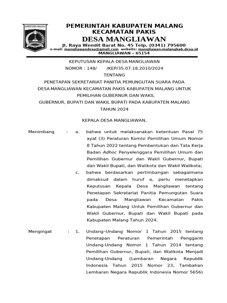 CONTOH DRAFT SK UNTUK LURAH atau KEPALA DESA | PDF