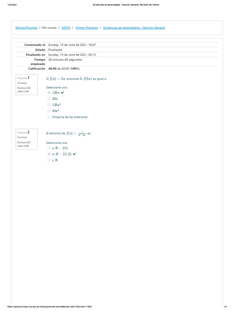 Evidencias de Aprendizajes - Sección General - Revisión Del Intento | PDF