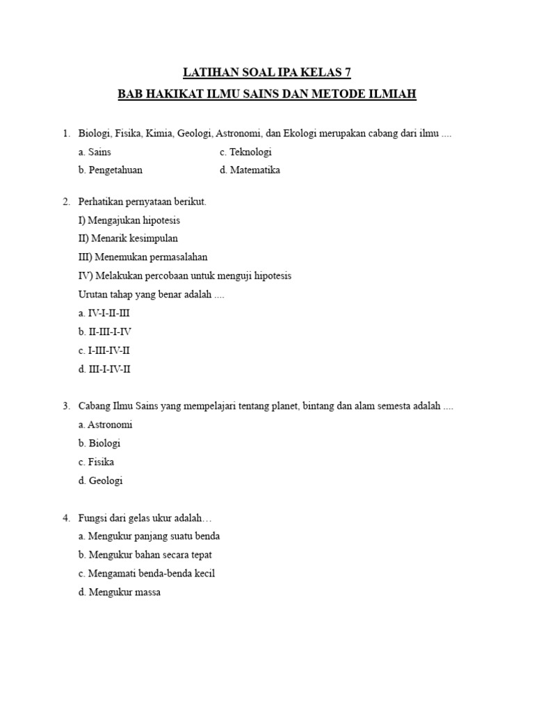 LATIHAN SOAL IPA KELAS 7 BAB 1 | PDF