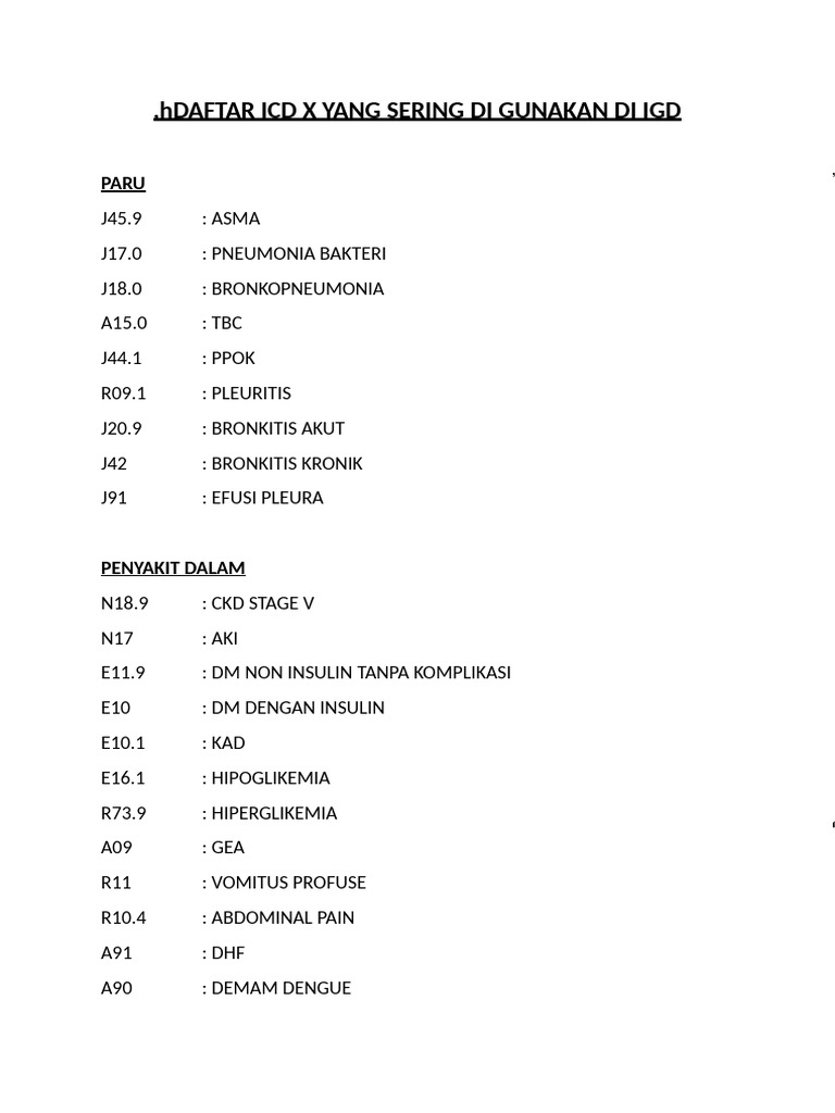 Daftar Icd X Yang Sering Di Gunakan Di Igd | PDF