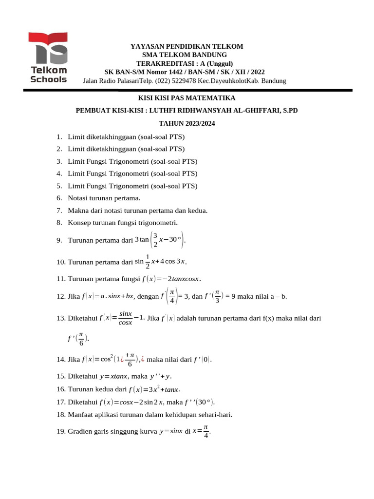 Kisi-Kisi Pas Matmin 2023-2024 | PDF