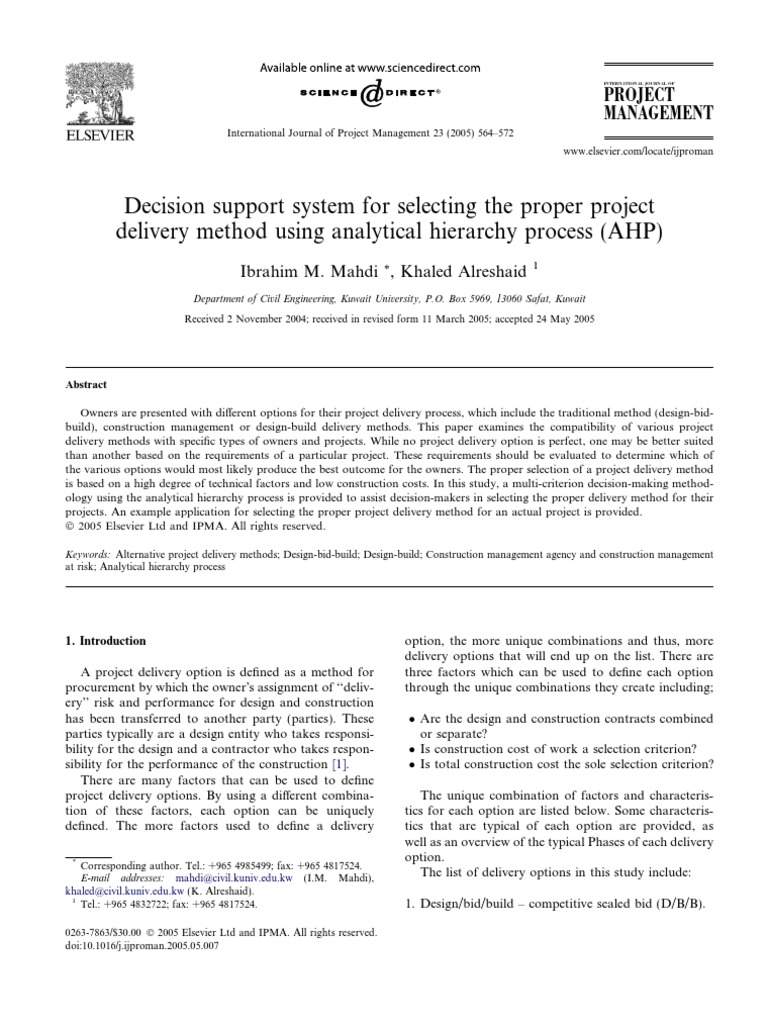 Decision Support System For Selecting The Proper Project Delivery Method Using Analytical