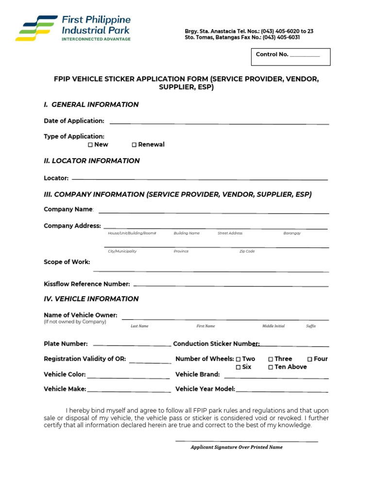 FPIP VEHICLE STICKER APPLICATION FORM (SERVICE PROVIDER, VENDOR, ESP ...