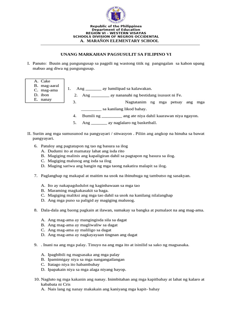 FILIPINO 6 first periodical with TOS and KEY | PDF