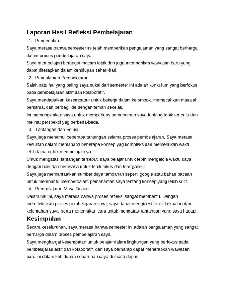 Contoh Laporan Hasil Refleksi Pembelajaran Siswa | PDF