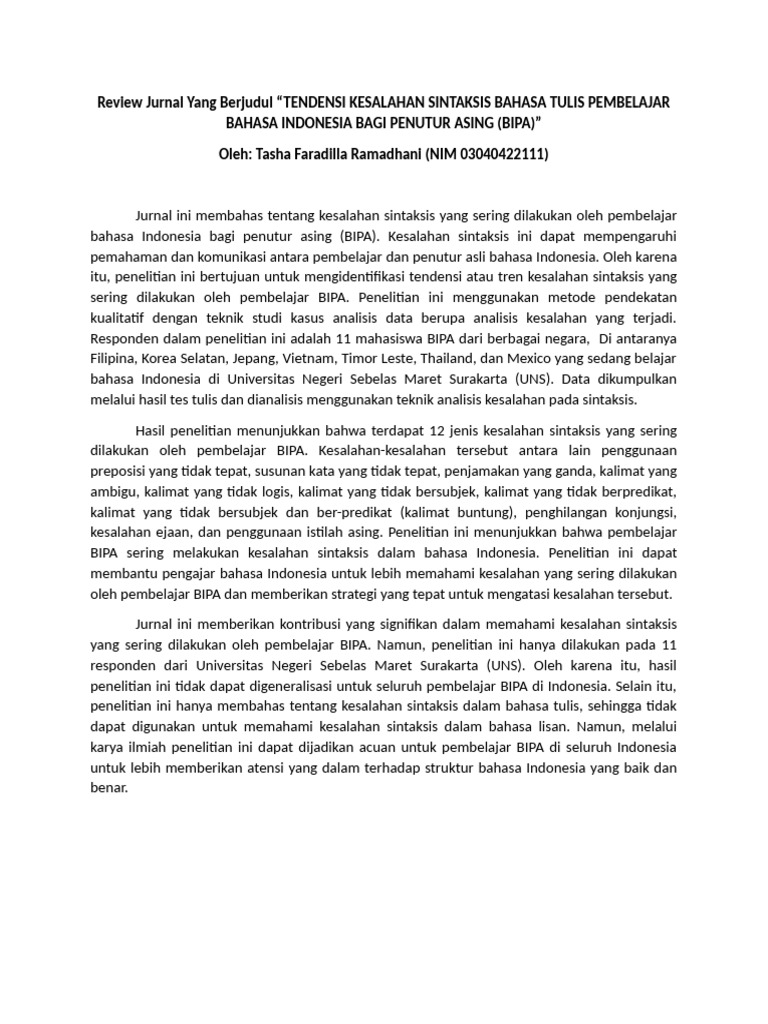 Tugas Sintaksis Review Jurnal (Tasha) | PDF