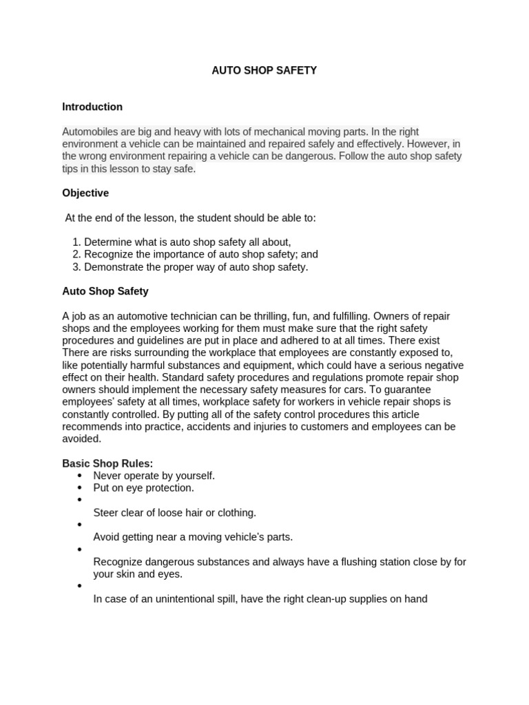 Auto Shop Safety | PDF
