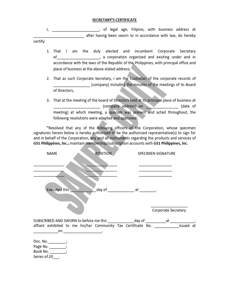 Sample - of - Secretary's - Cert - GS1 Application | PDF