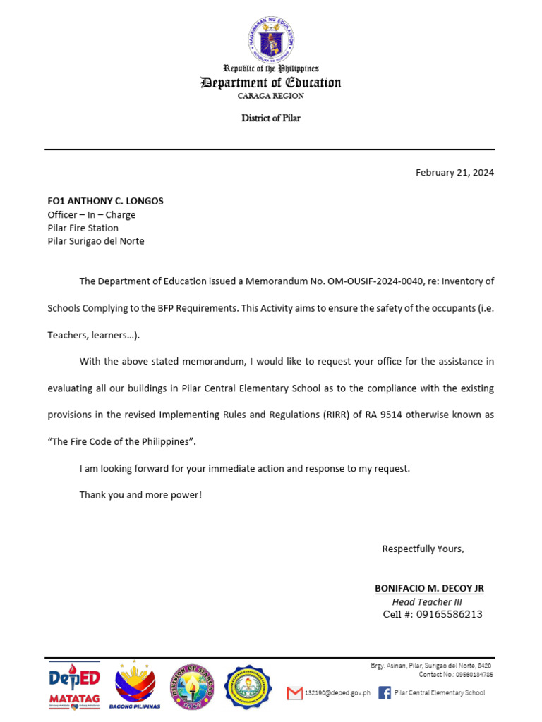 Request For BFP Inspection Caridad NHS | PDF