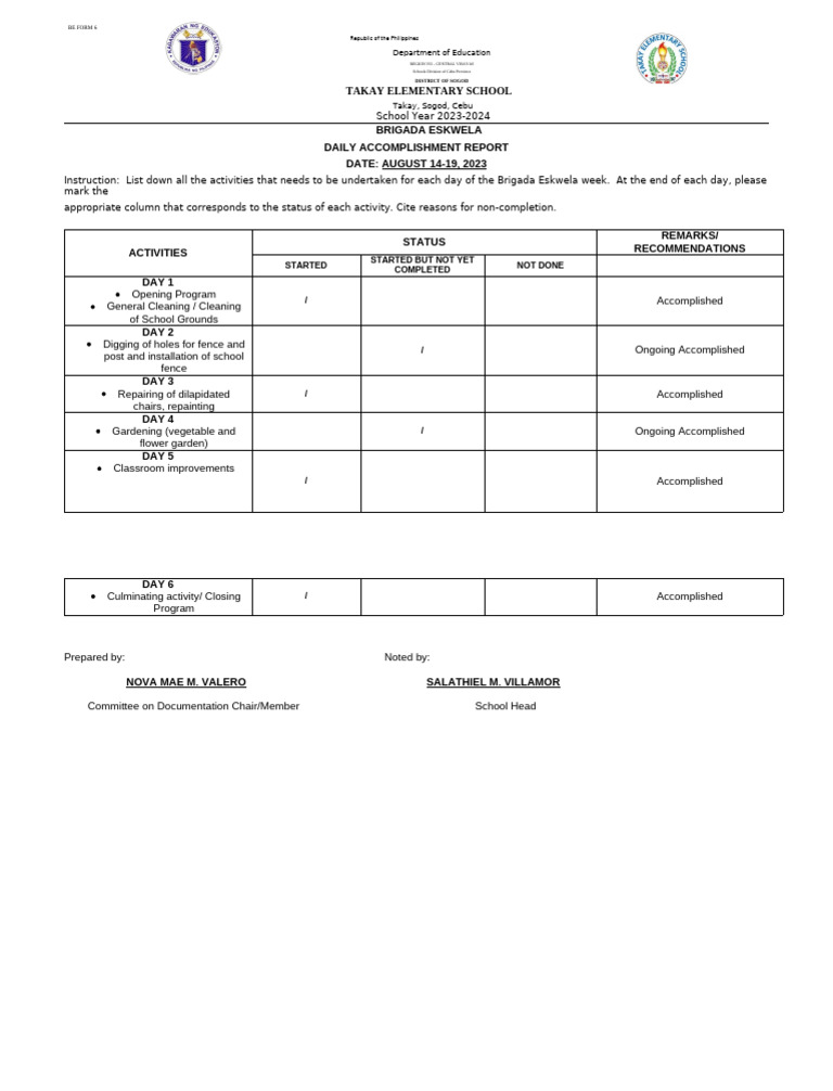 Brigada Eskwela Form 6 Daily Accomplishment Report | PDF