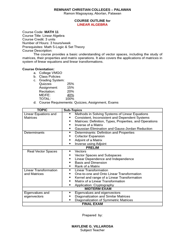 Linear Algebra Course Outline | PDF | Matrix (Mathematics) | Linear Algebra