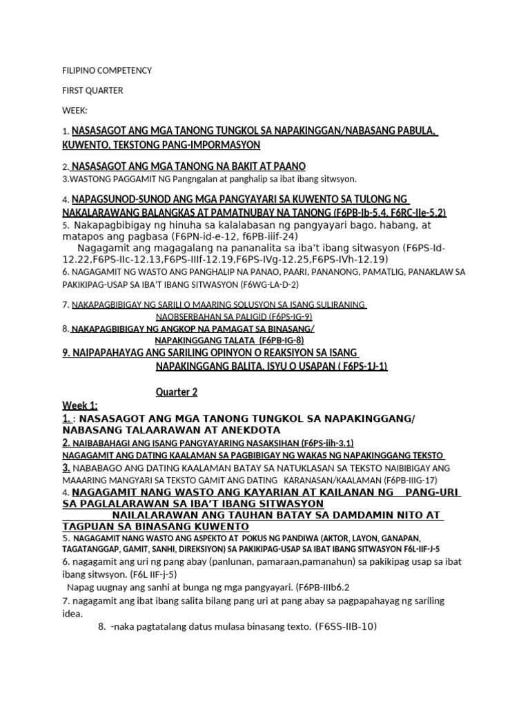 Filipino Competency Q1 Q2 | PDF