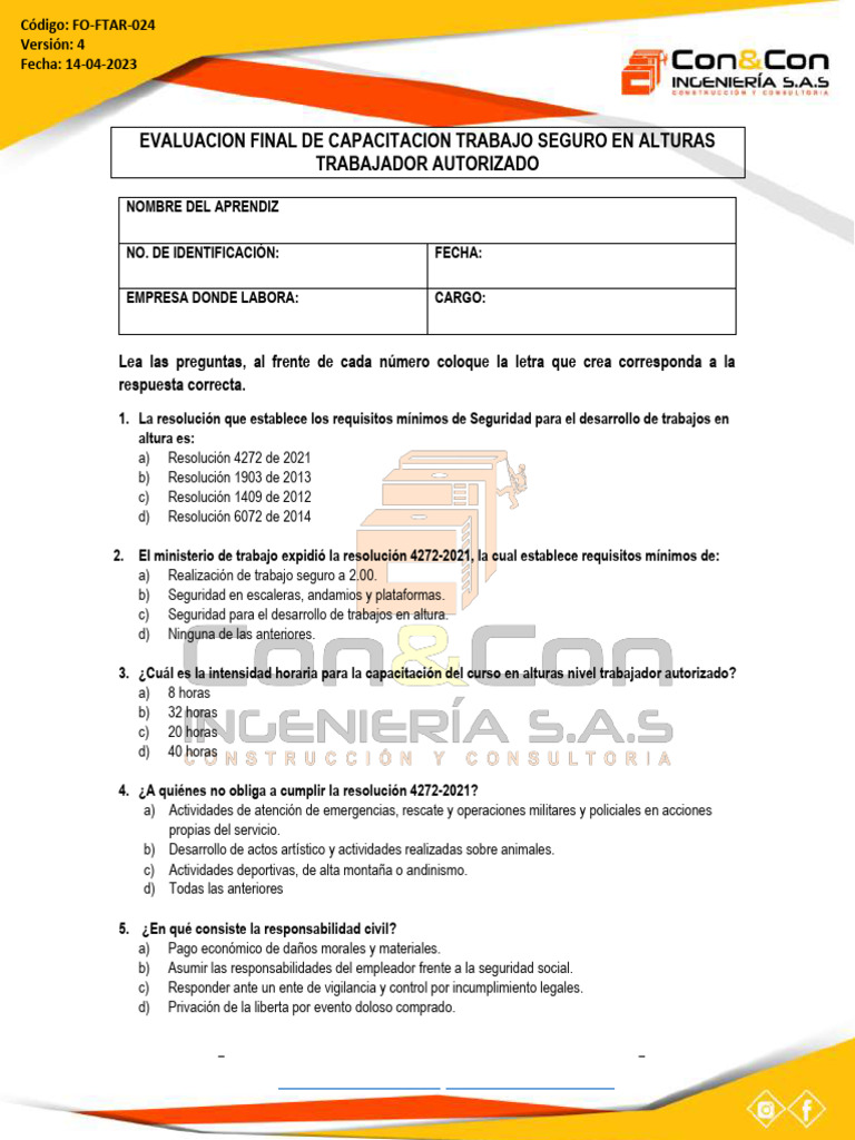 FO-FTAR-024 Evaluacion Final - Trabajador Autorizado | PDF