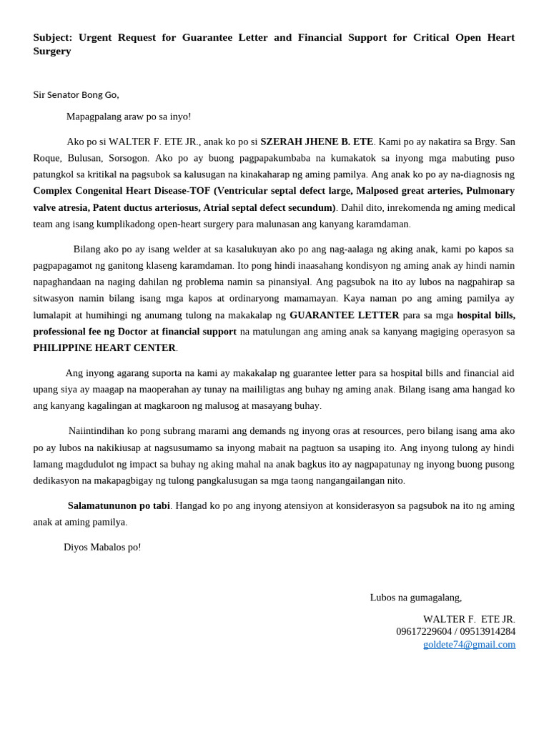 Personal Letter To Senator Bong Go | PDF | Congenital Heart Defect | Self-Improvement