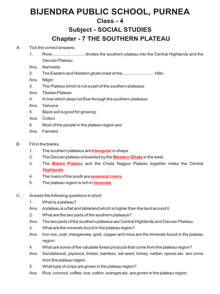Class 4 Subject Social Studies Chapter 7 the Southern Plateau | PDF