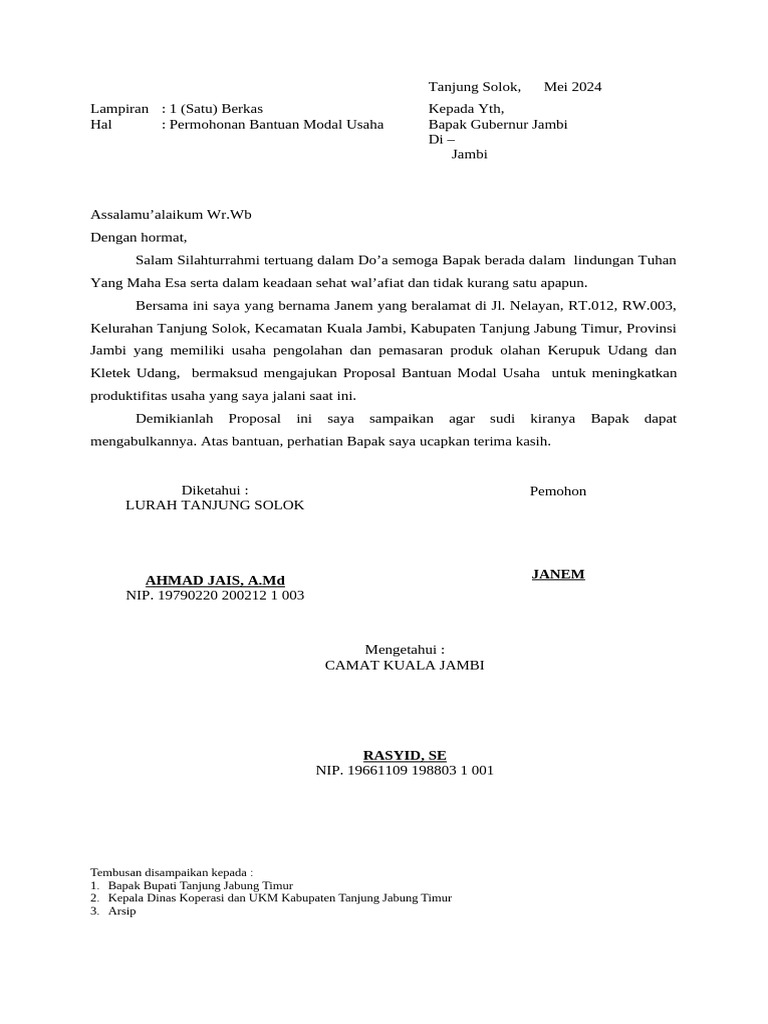 Permohonan Bantuan Modal Usaha JANEM | PDF