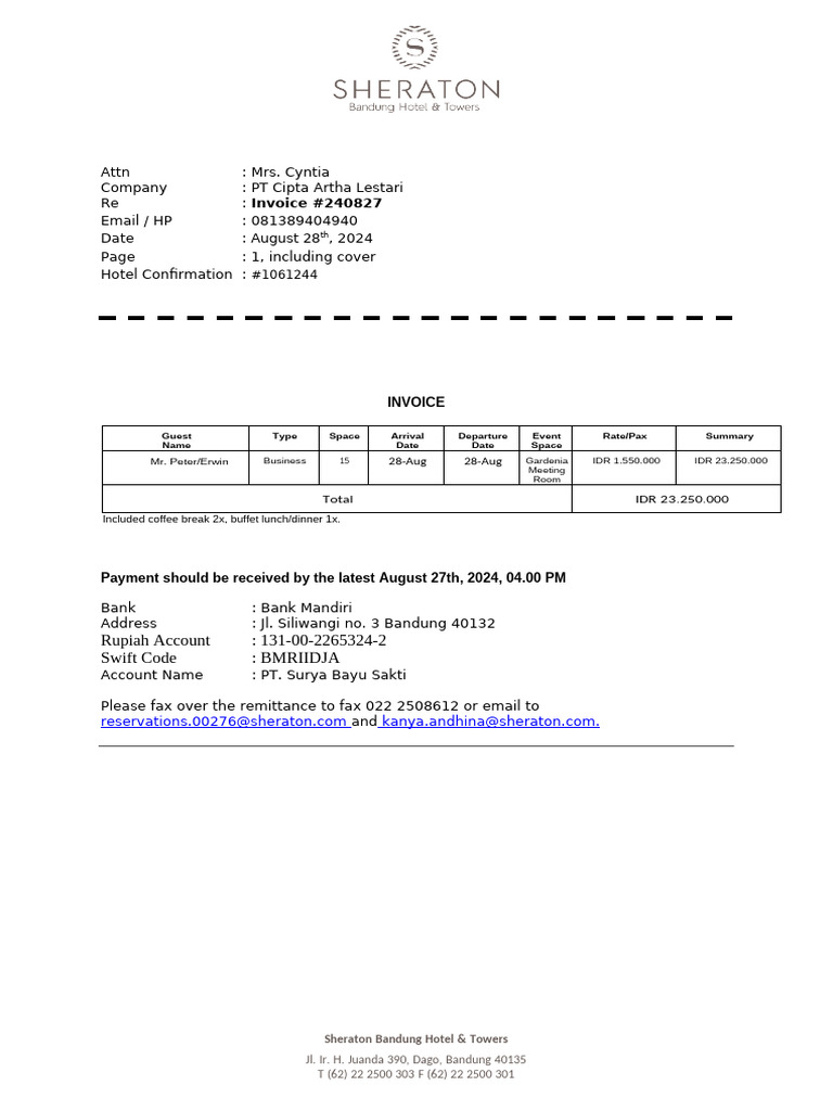 Invoice Meeting Room Sheraton Hotel Bandung | PDF