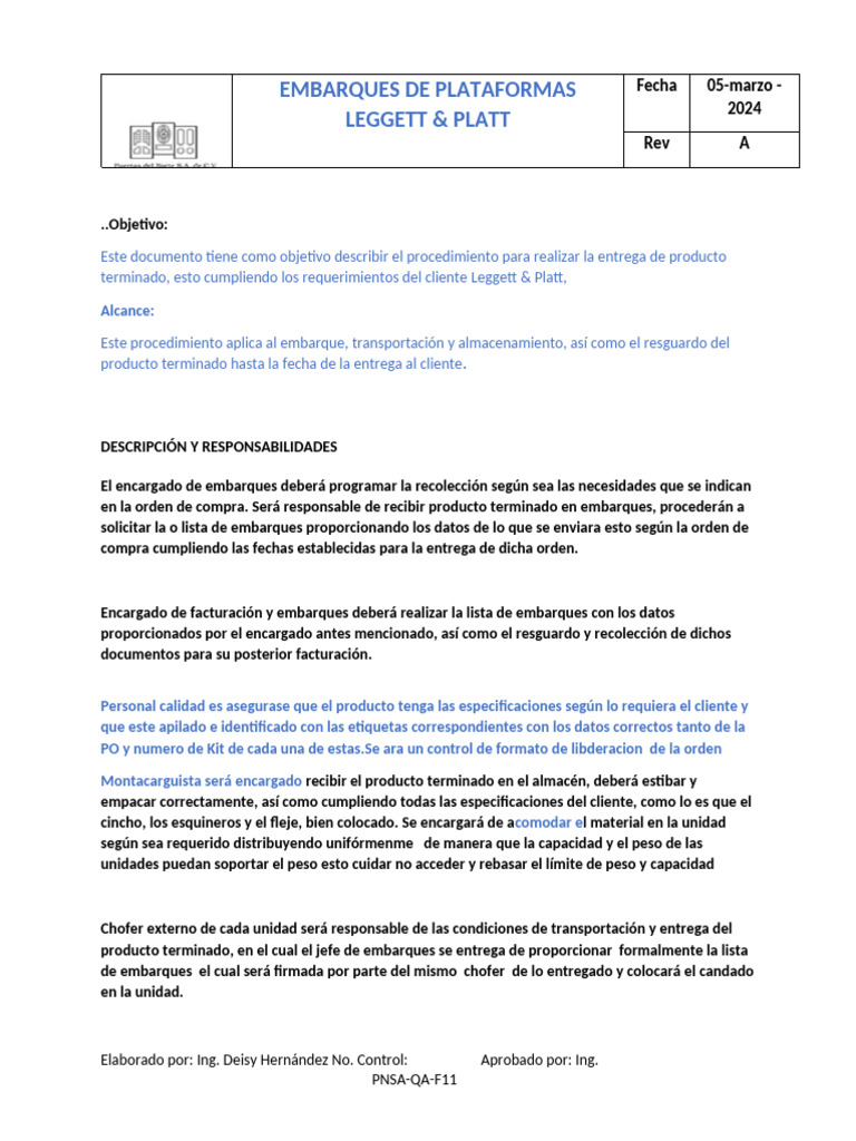 Procedimiento de Embarques Legget GGGGG | PDF