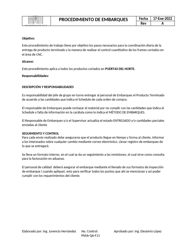 Procedimiento de Embarques | PDF
