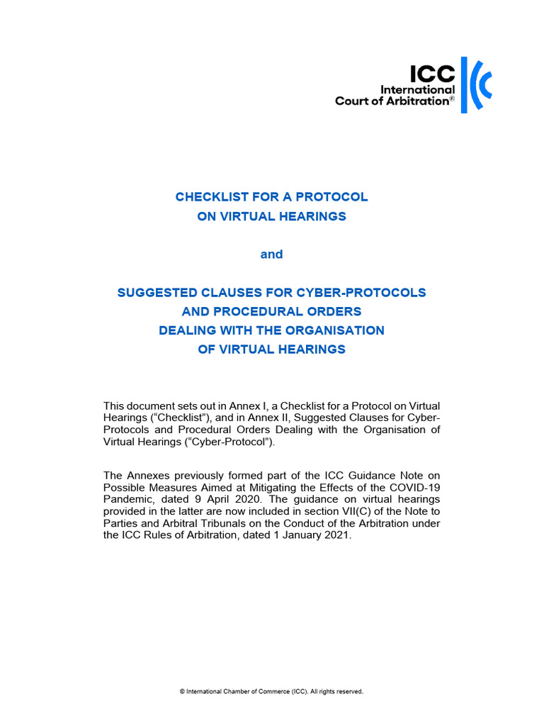 Icc Checklist Cyber Protocol and Clauses Orders Virtual Hearings ...
