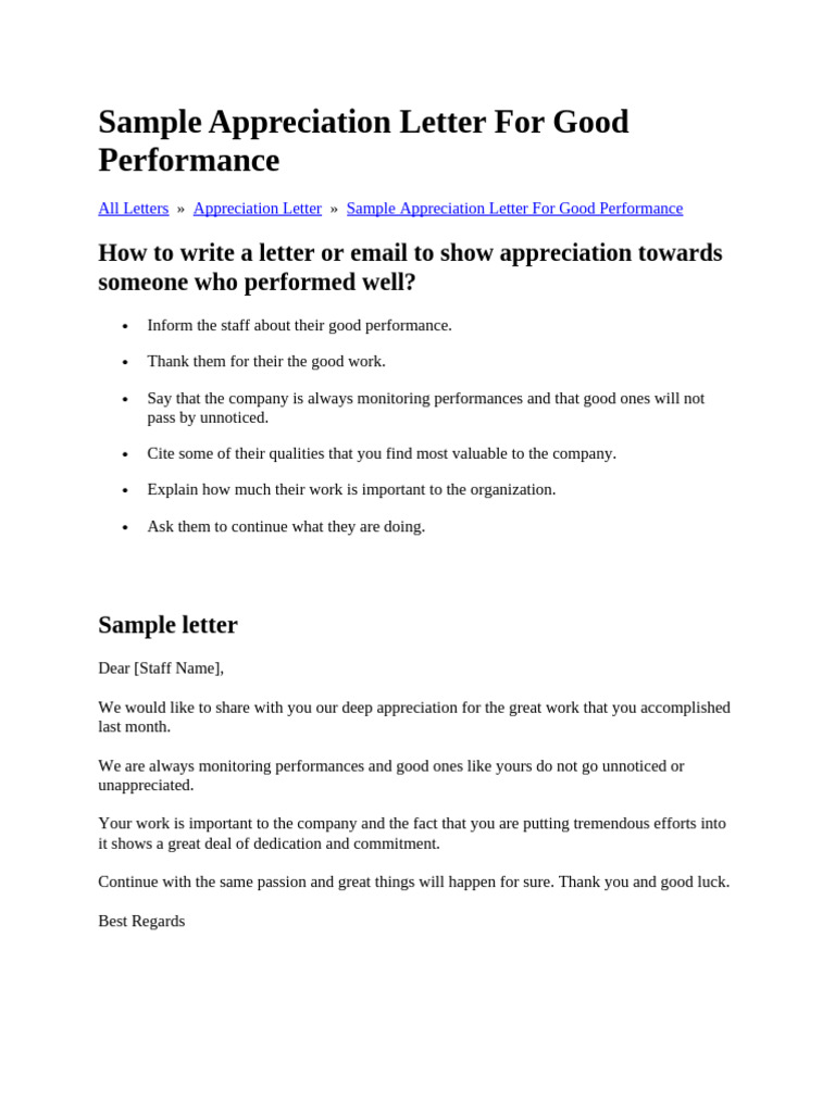 Sample Appreciation Letter For Good Performance | PDF