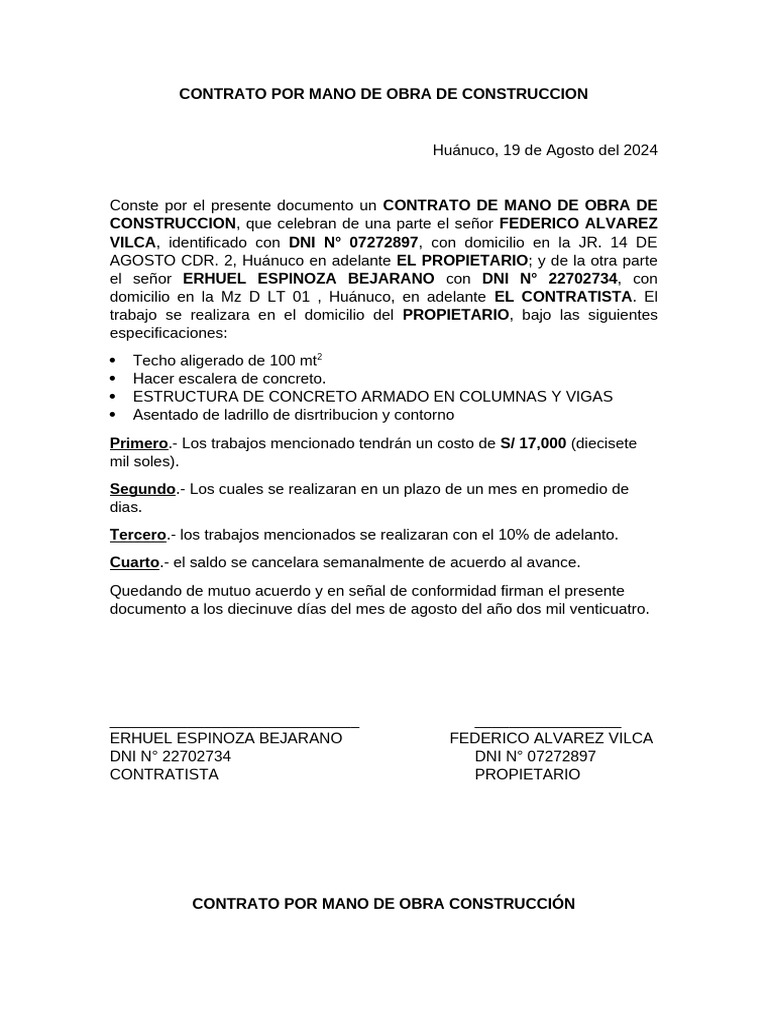 Contrato Por Mano de Obra de Construccion | PDF