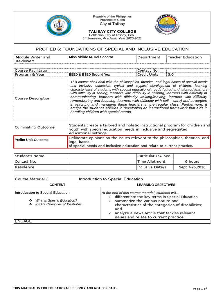 PROF ED 6 - CM2 Categories of Disabilities | PDF