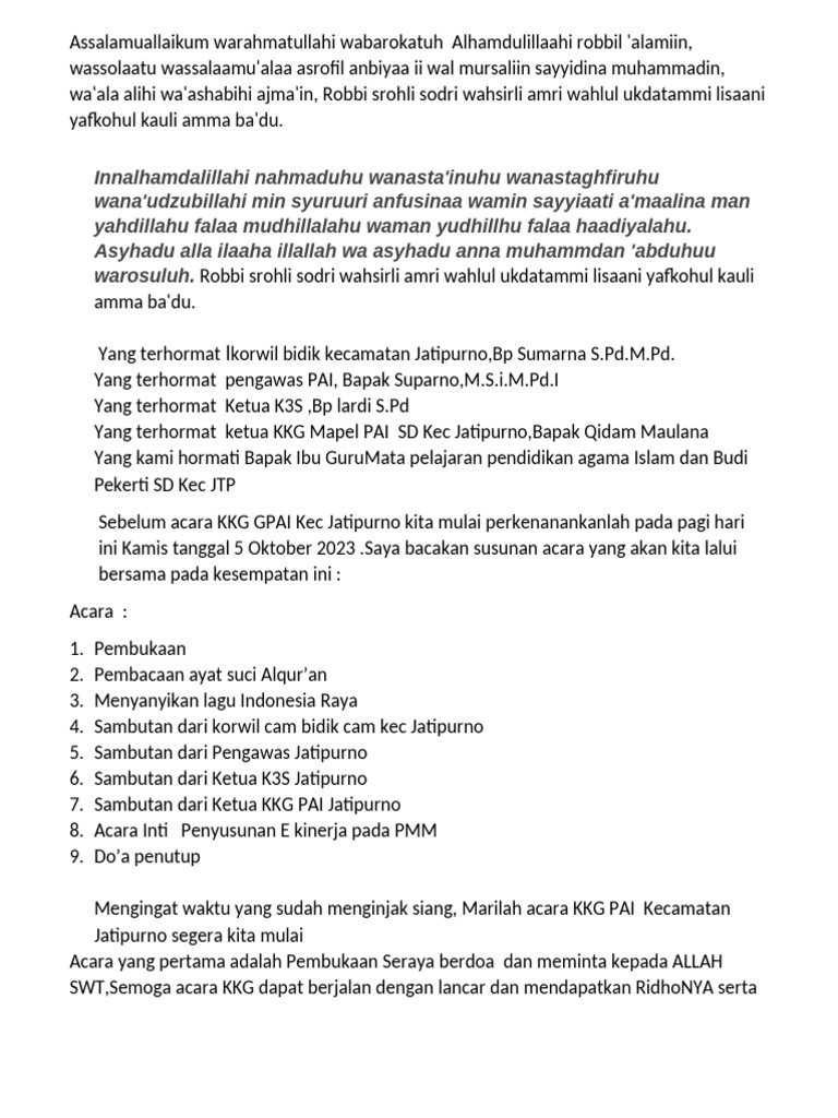 SUSUNAN ACARA KKG 1 | PDF