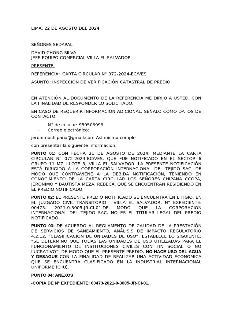 Respuesta de Carta Circular Sedapal | PDF