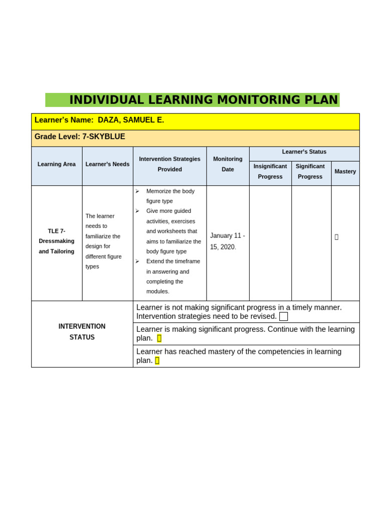 Individual Learning Monitoring Plan | PDF