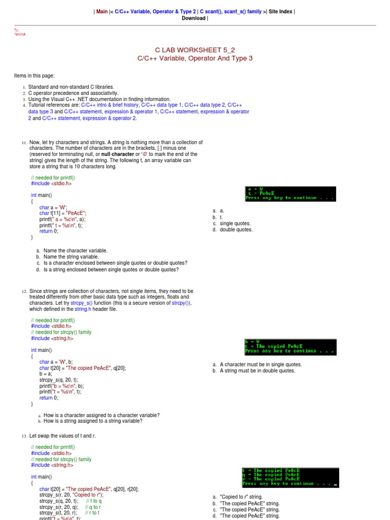 C Lab Worksheet 5 - 2 C/C++ Variable, Operator and Type 3: // Needed For Printf | PDF | C ...